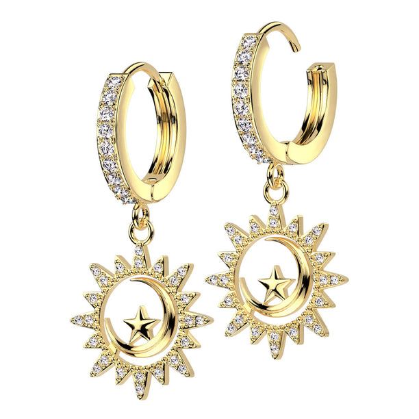 Moon & Star Huggie Earrings | CZ Celestial Hoops