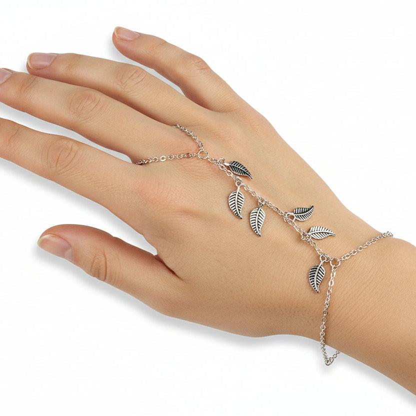 Ring Bracelet Chain with Leaf Charms | Rhodium Plated
